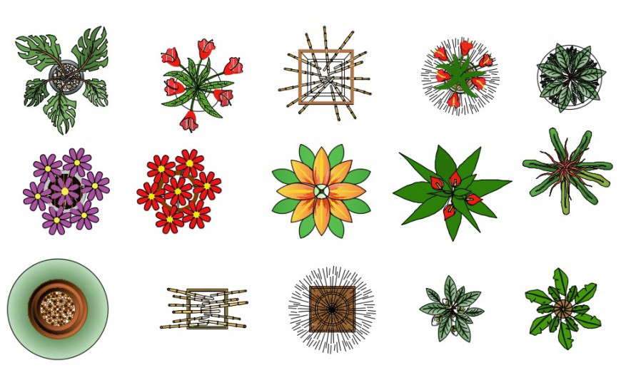 CAd drawings details of Potted plant colorful types plan - Cadbull